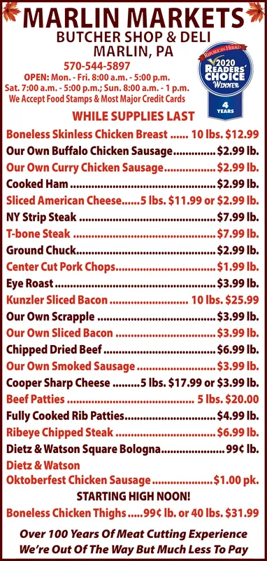 TUESDAY, SEPTEMBER 15, 2020 Ad - Marlin Markets - The Republican & Herald