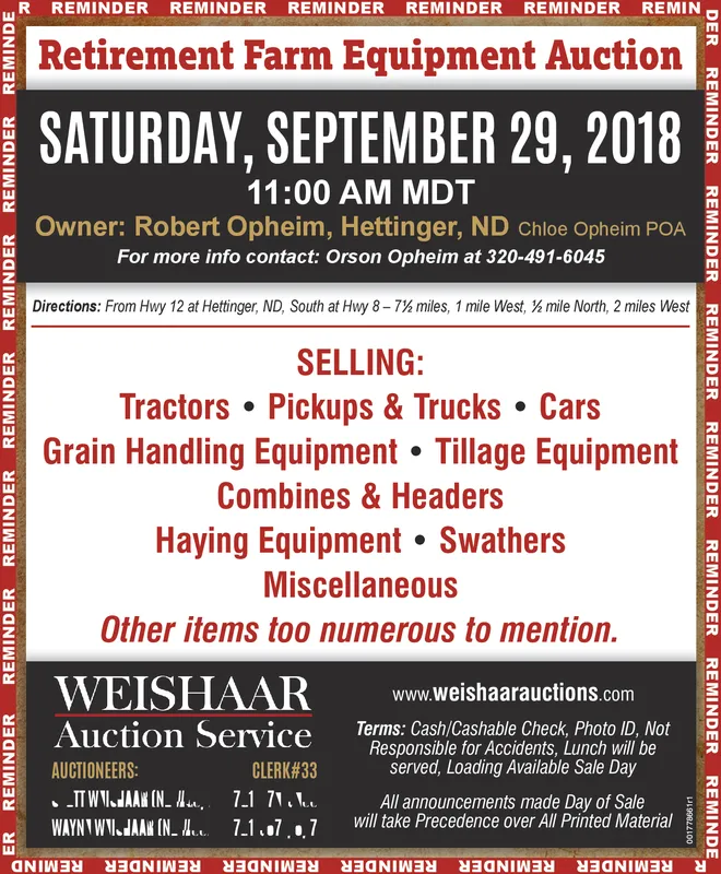 SUNDAY, SEPTEMBER 23, 2018 Ad - Weishaar Auction Service - Agweek